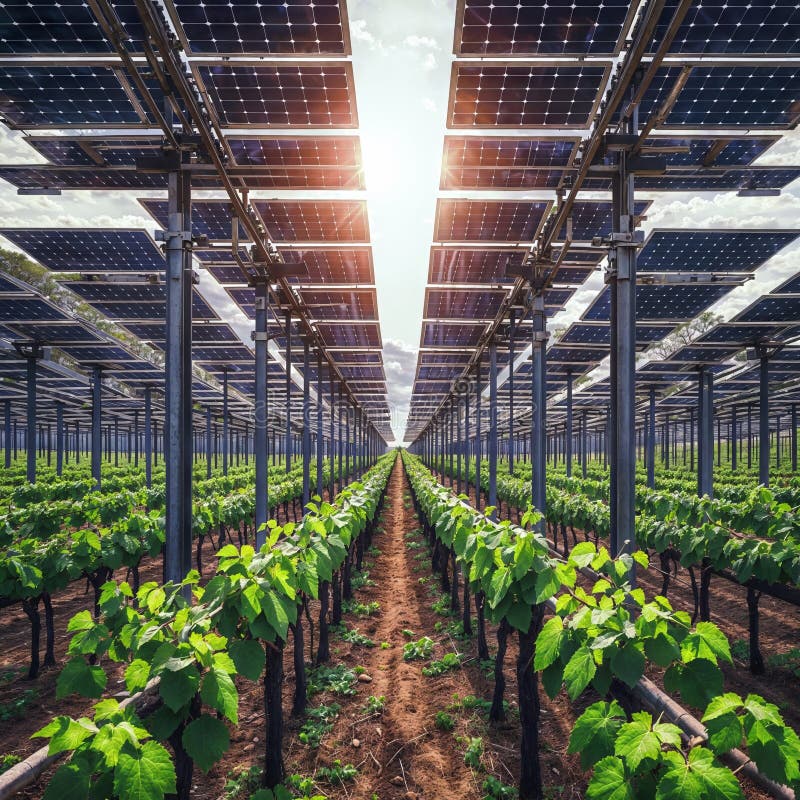 A Vineyard Foregrounds a Solar Panel Farm with Neatly Arranged Rows of ...