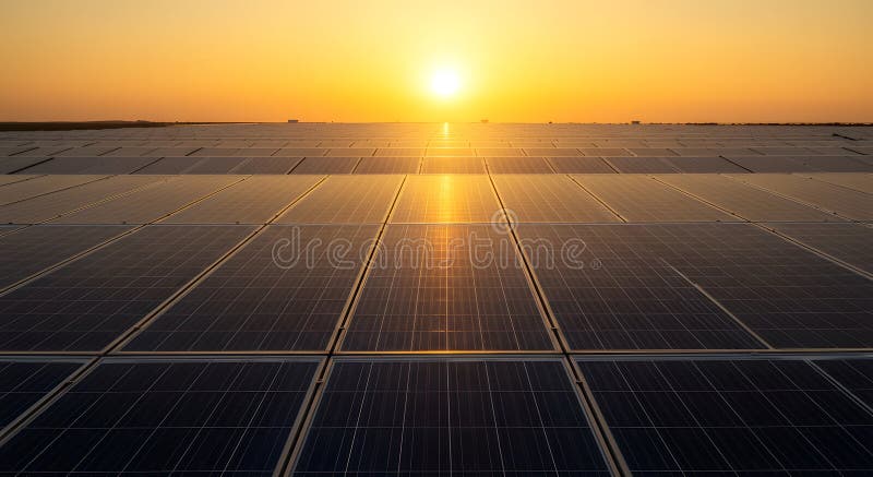 Solar Panel Farm at Sunset Generating Clean Energy and Power Stock ...