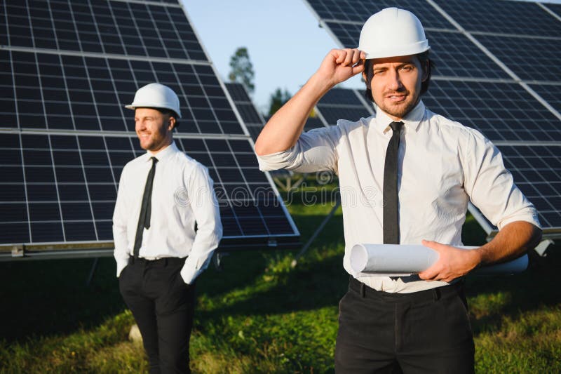 Solar Panel Farm. Two European Engineers Inspect Solar Panels Stock ...