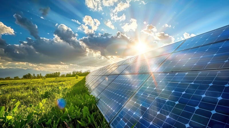 A Solar Panel Field with Bright Sun Rays Shining Stock Illustration ...