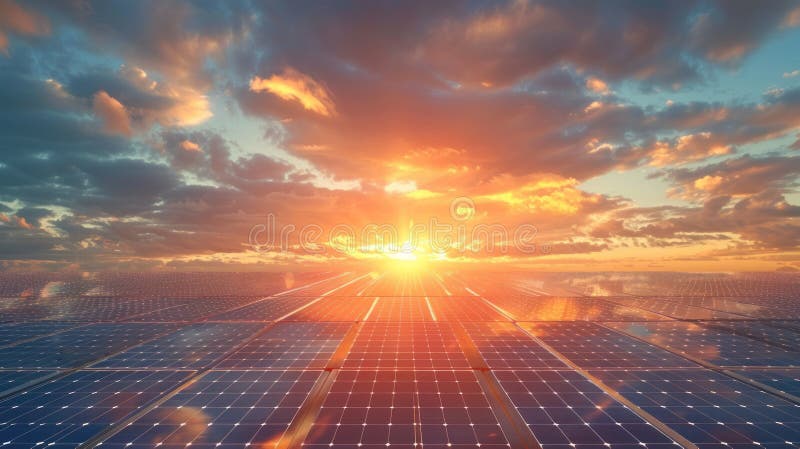 A Solar Panel Field with Bright Sun Rays Shining Stock Illustration ...