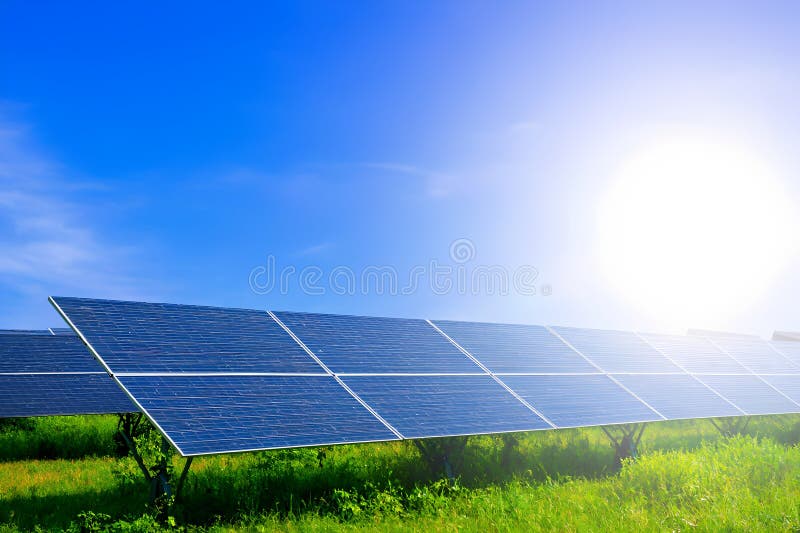 A Solar Panel Field with a Bright Sun Shining on it Stock Illustration ...
