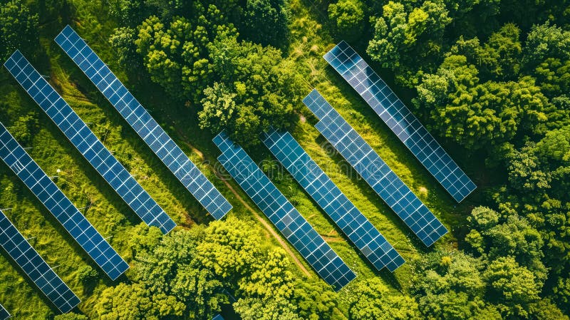 Solar Panel Field is Shown in a Lush Green Forest Stock Image - Image ...