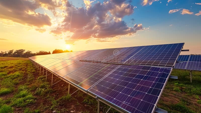 Solar Panel Field with the Sun Setting in the Background Stock Image ...