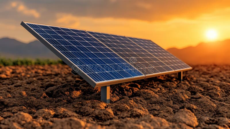 Solar Panel on a Field during Sunset Showcasing Renewable Energy Stock ...
