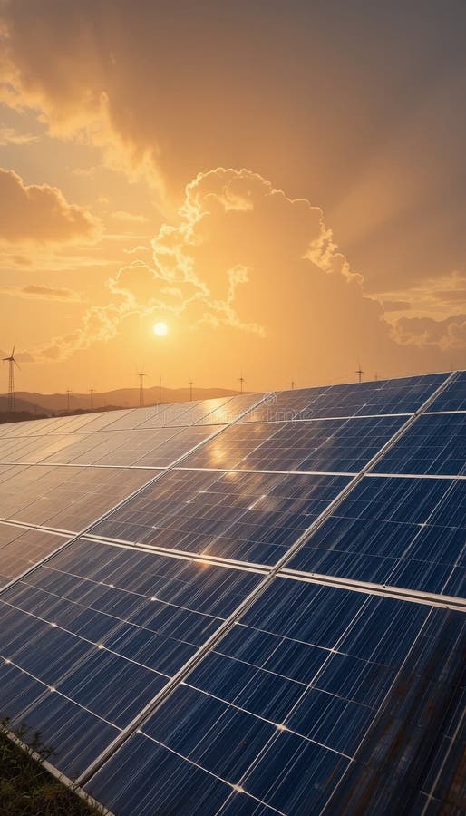 Solar Panel Field at Sunset with Wind Turbines Stock Photo - Image of ...