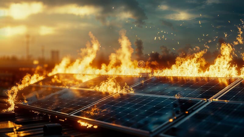 Solar Panel Field Engulfed in Flames at Sunset, Generative Ai Stock ...