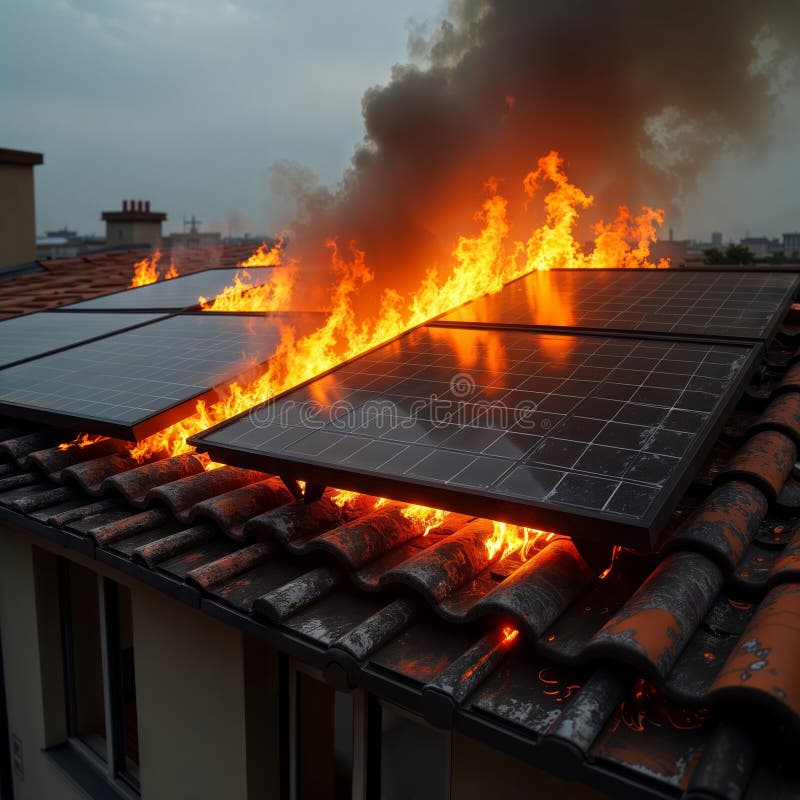 Intense Fire on Rooftop Solar Panels: a Visual Warning, Generative Ai ...