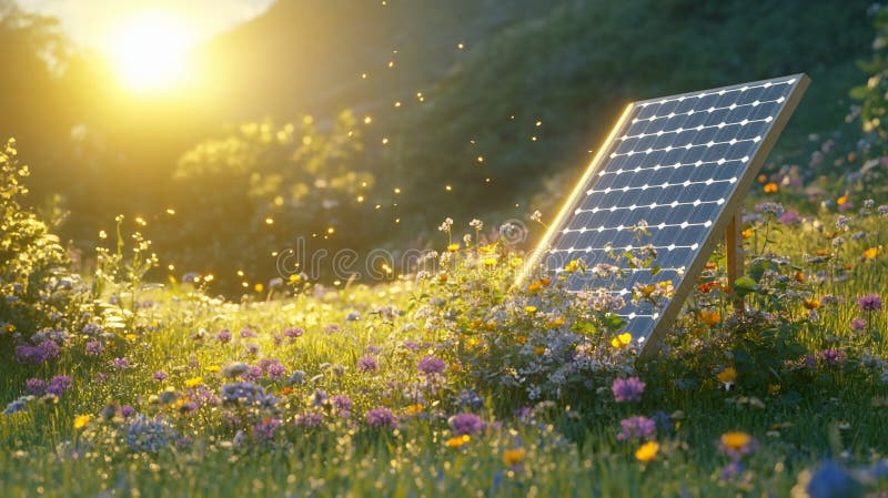 Solar Panel among Flowers at Sunrise. Generated AI Stock Illustration ...