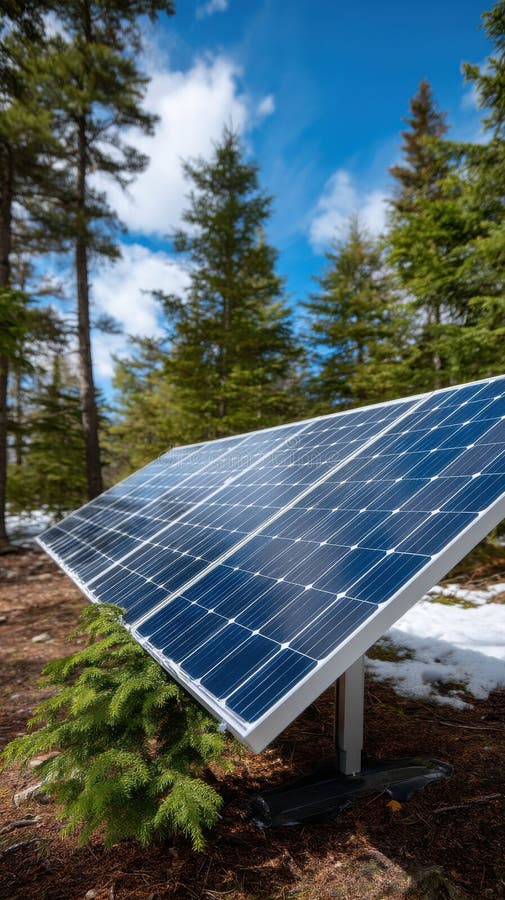 Solar Panel in Forest Environment with Evergreen Trees Under Blue Sky ...