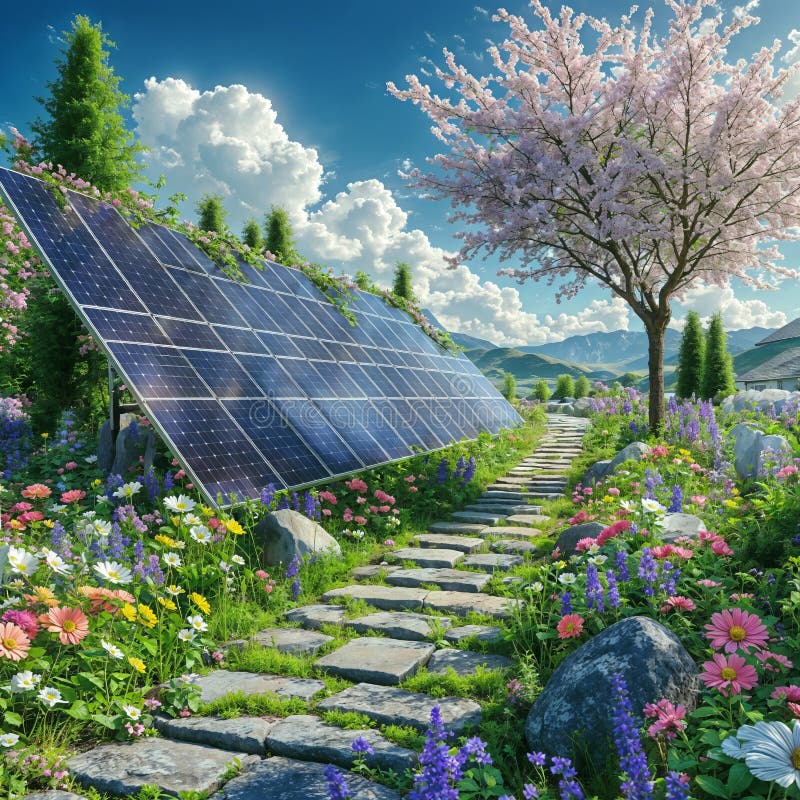 A Solar Panel Amidst a Garden with Blooming Flowers, Trees, and a Stone ...