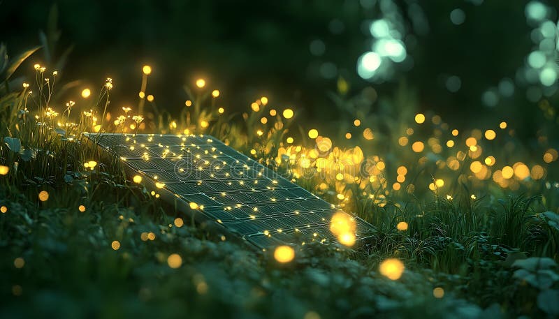 Solar Panel in Firefly Field Stock Illustration - Illustration of ...