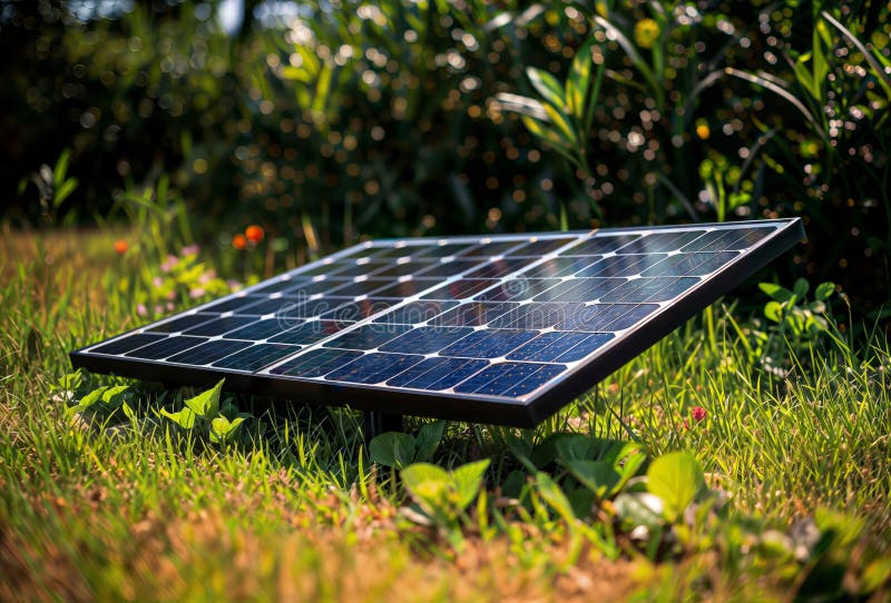 Solar Panel on the Grass in the Garden, Solar Energy Concept ...
