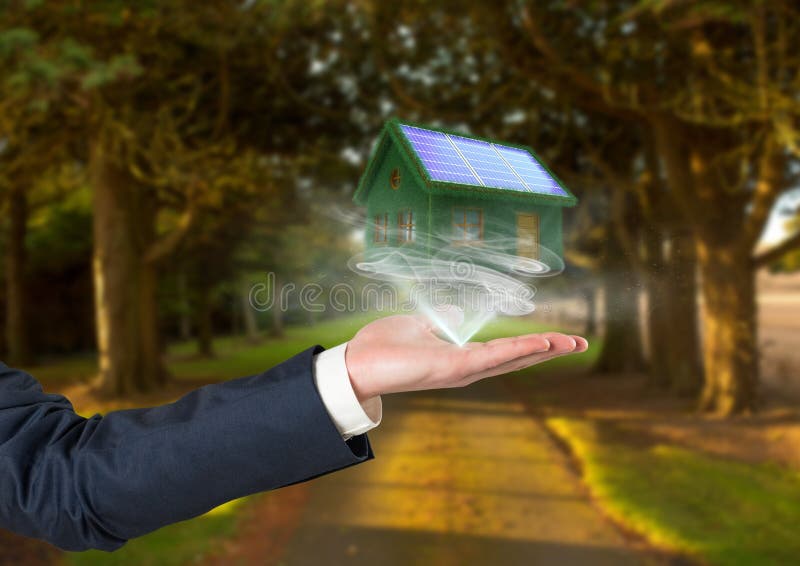 Solar Panel Grass House on Hand with Lights in the Park Stock Photo ...