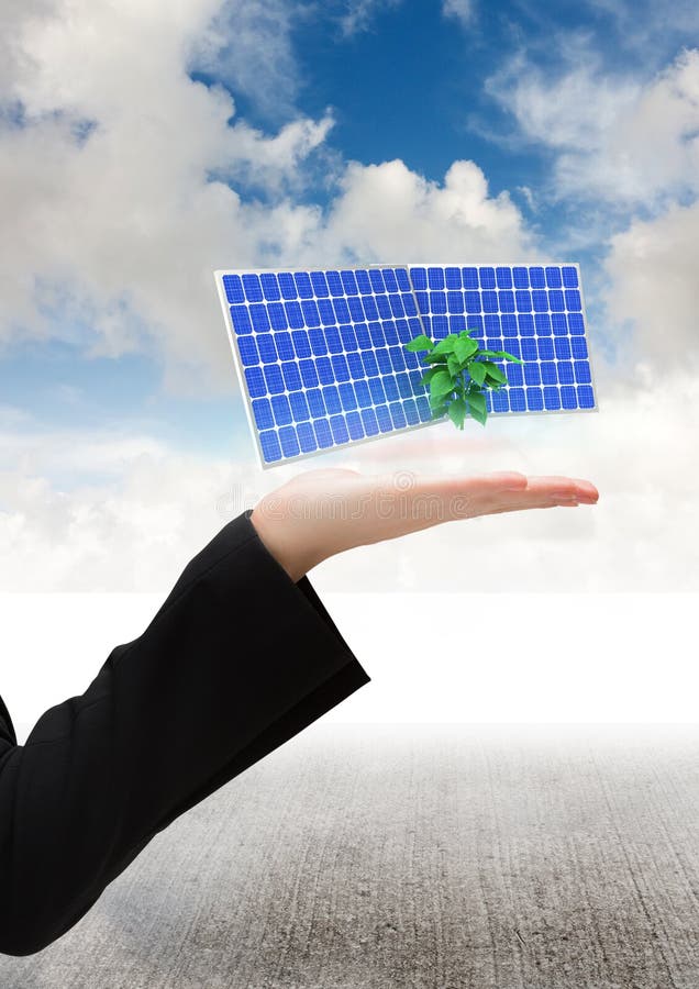 Solar Panel on Hand of a Business Woman. Floor and Sky Stock Photo ...
