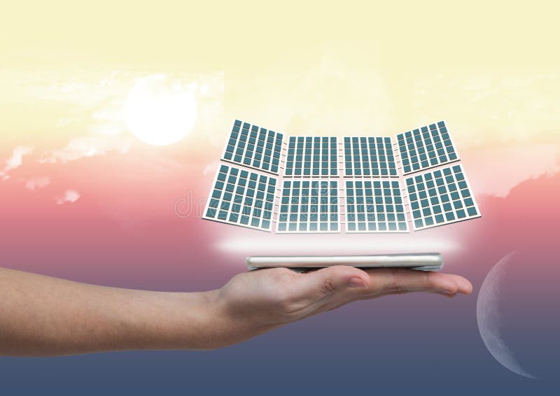 Solar Panel on Hand with Night and Day Background Stock Illustration ...