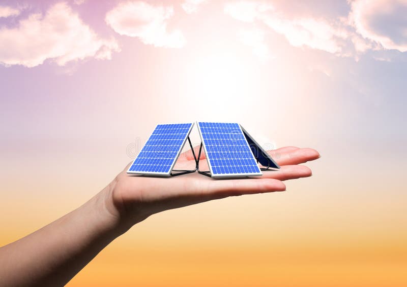 Solar Panel on Hand Sky Back Stock Illustration - Illustration of ...