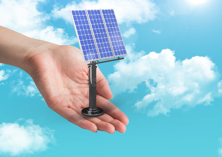 Solar Panel on Hand in the Sky Stock Photo - Image of gray, generated ...