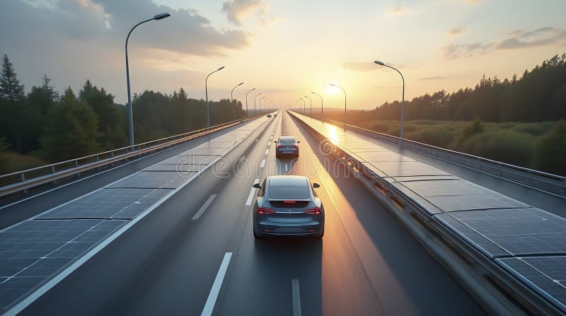 Solar-panel Highway with Electric Cars, Ai Generated Image Stock Photo ...