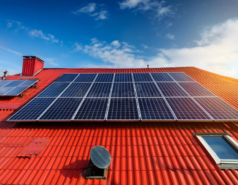 Solar Panel on a House with Red Roof. Solar Panel, Solar Energy. Side ...