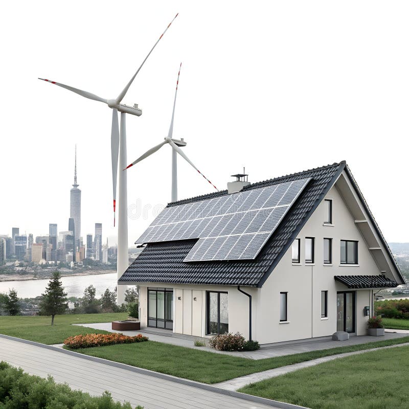 Solar Panel House with Wind Turbines and City Skyline Isolated on White ...