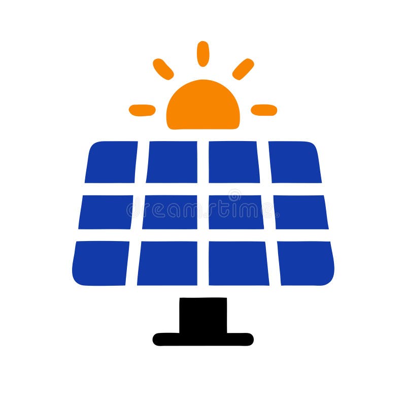Solar Panel Illustration Features a Bright Orange Sun Above Blue Grid ...