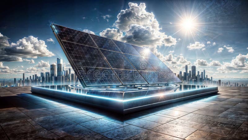 Solar Panel Installation in City Skyline with Triangular Formation ...