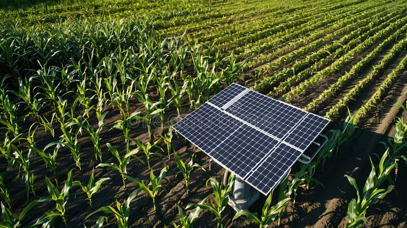 Solar Panel Installation among Green Corn Fields Showing Sustainable ...