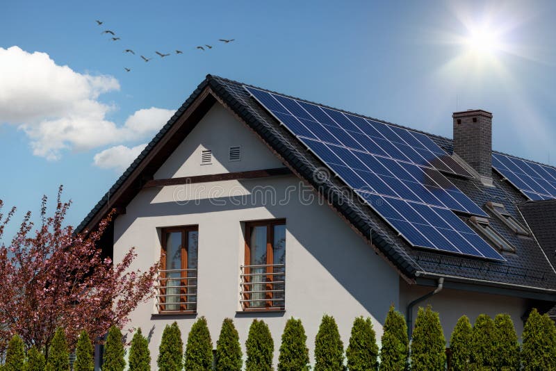 Solar Panel Installation on a Modern House Roof Stock Image - Image of ...