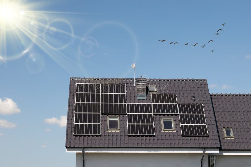 Solar Panel Installation on a Modern House Roof Stock Photo - Image of ...