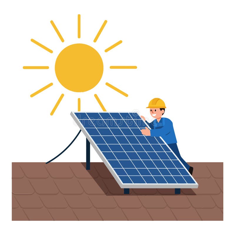 Solar Panel Installation Process with Worker Under Bright Sun Vector ...