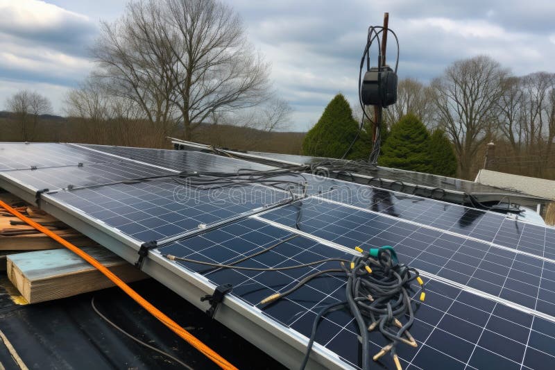 Solar Panel Installation, with Ropes and Tools Visible on the Roof ...