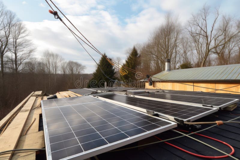 Solar Panel Installation, with Ropes and Tools Visible on the Roof ...