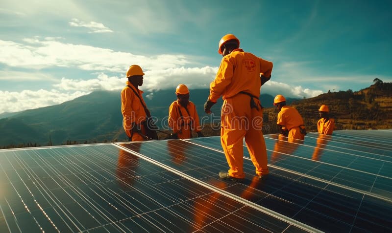 Solar Panel Installation Team Working on Rooftop, Mountainous Landscape ...