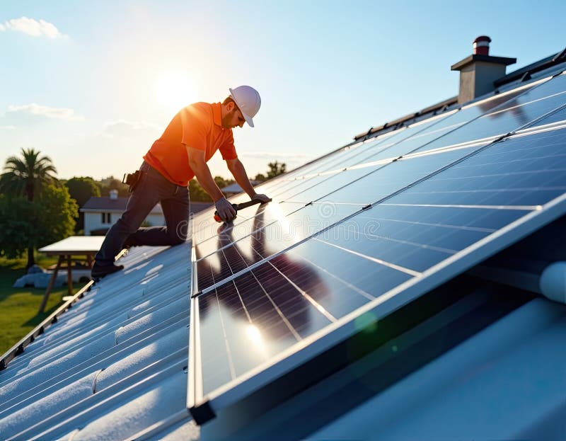 Solar Panel Installation Technician Installing Solar Panels on Roof at ...