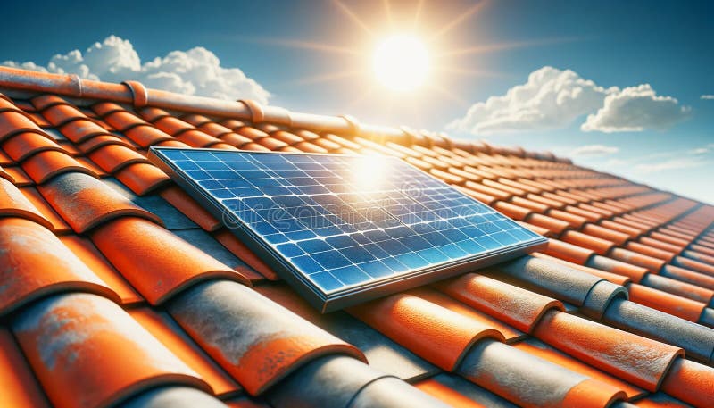 Solar Panel Installed on a Red Tiled Roof Under the Bright Sun Stock ...