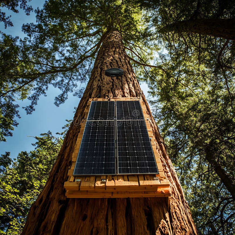 Solar Panel Installed on a Tree Trunk in a Forest Stock Illustration ...