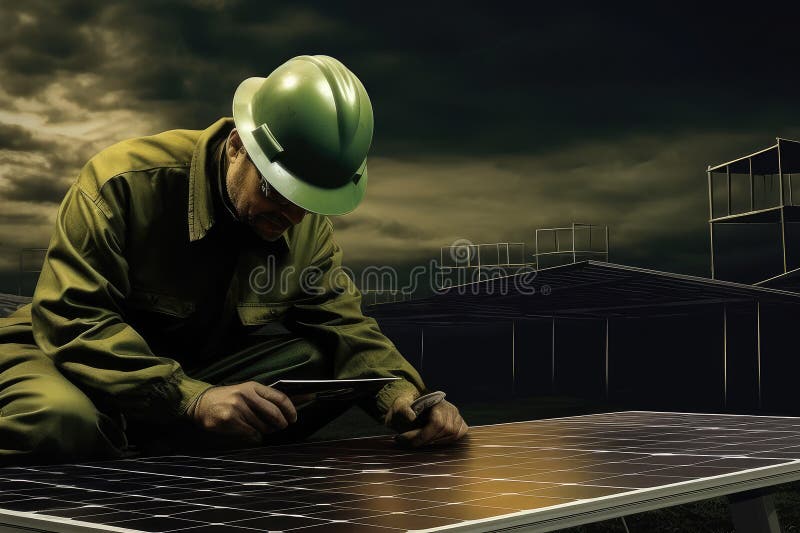 Solar Panel with Solar Panel Installer Man at Work Extreme Closeup ...