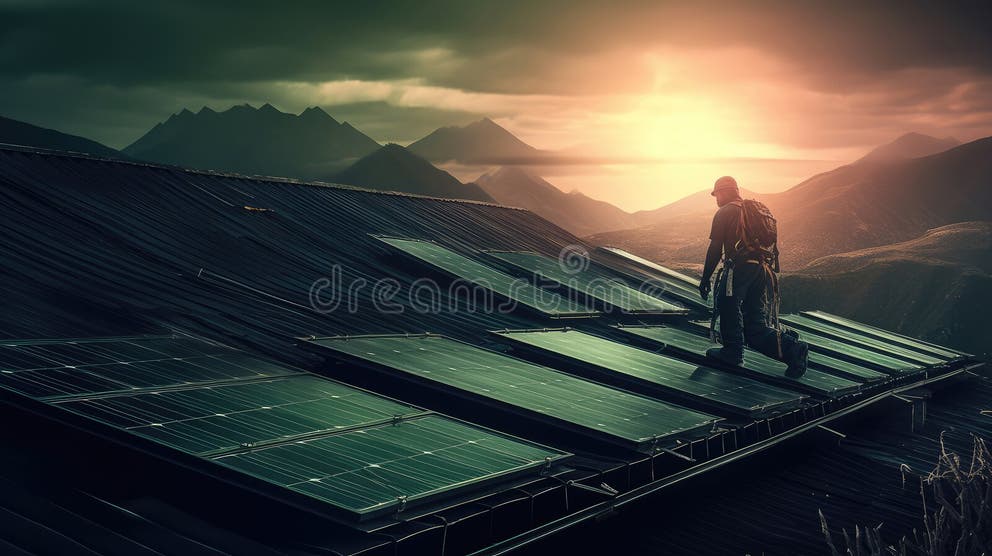 Solar Panel with Solar Panel Installer Man at Work Extreme Closeup ...