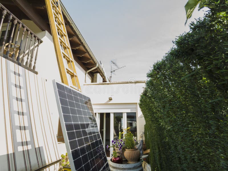 Solar panel in a ladder. stock photo. Image of generation - 252629926