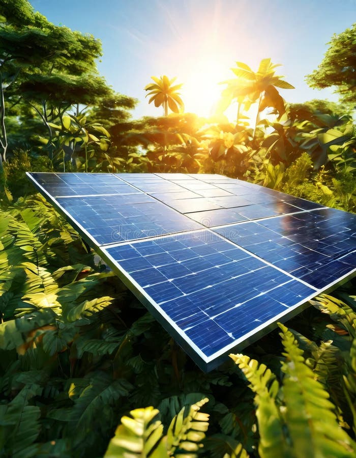 Solar Panel in Lush Tropical Rainforest during Bright Sunrise Stock ...