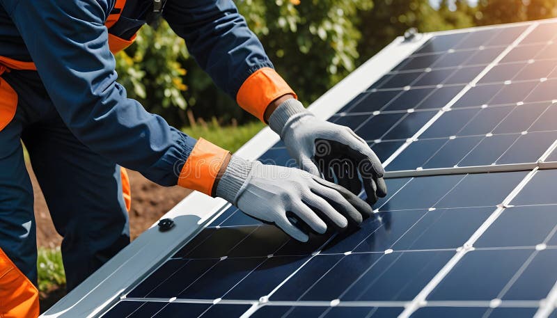 Installation of a Solar Panel Renewable Energy in Action Stock ...