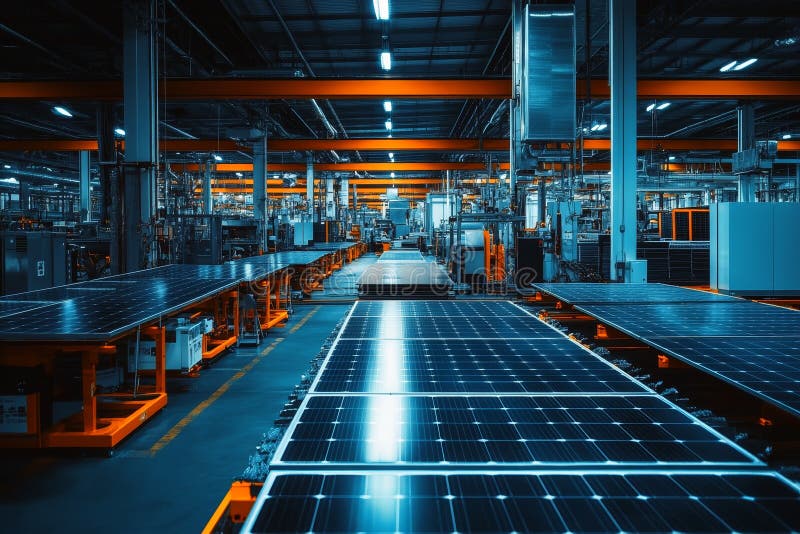 Solar Panel Manufacturing Facility with Rows of Panels Being Assembled ...