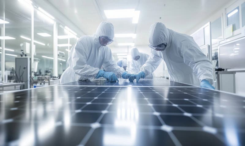 Solar Panel Manufacturing Process, Workers in Cleanroom, High-tech ...