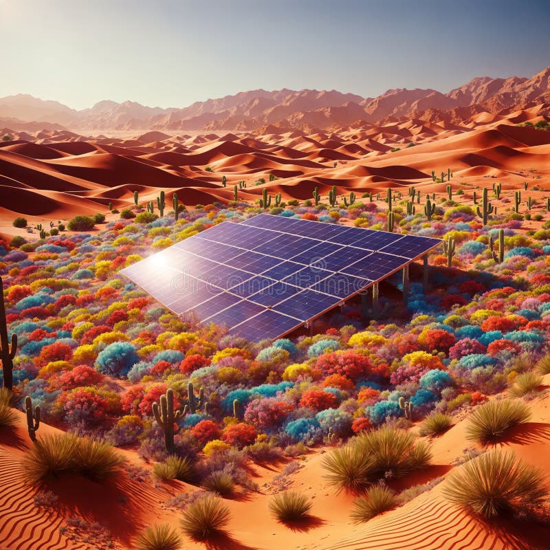 Solar Panel in a Desert Surrounded by Colorful Flowers and Cacti ...