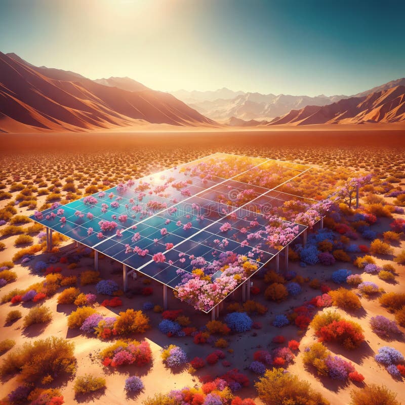 Solar Panel in a Desert Covered with Flowers., Generative Ai Stock ...