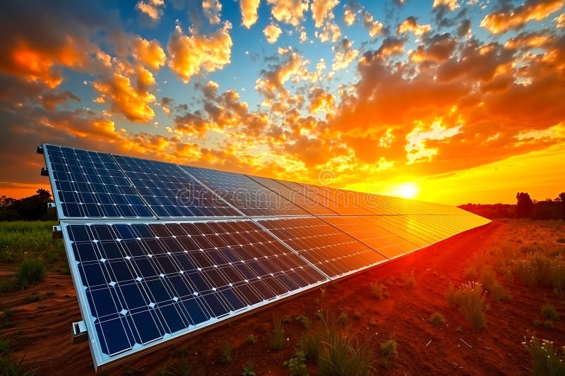 A Solar Panel in the Middle of a Field at Sunset Stock Image - Image of ...