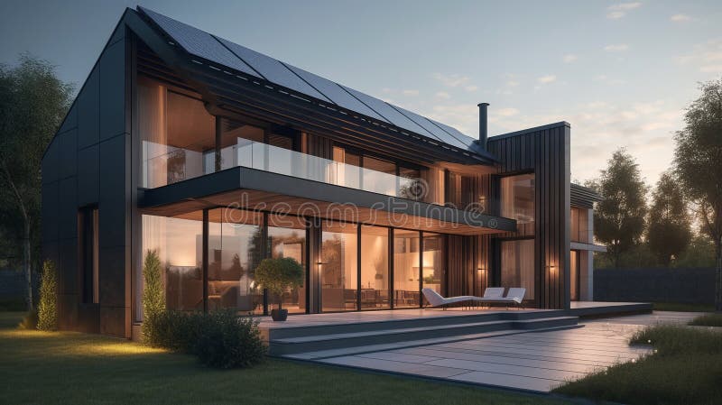 Solar Panel Modern House with Panoramic Windows. AI Generated Stock ...