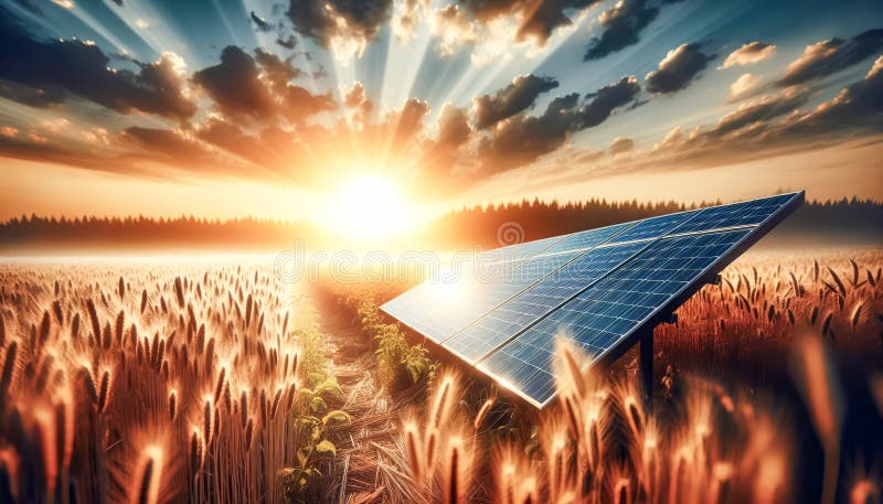 Solar Panel in the Morning Sun Installed in a Wheat Field in the Dawn ...