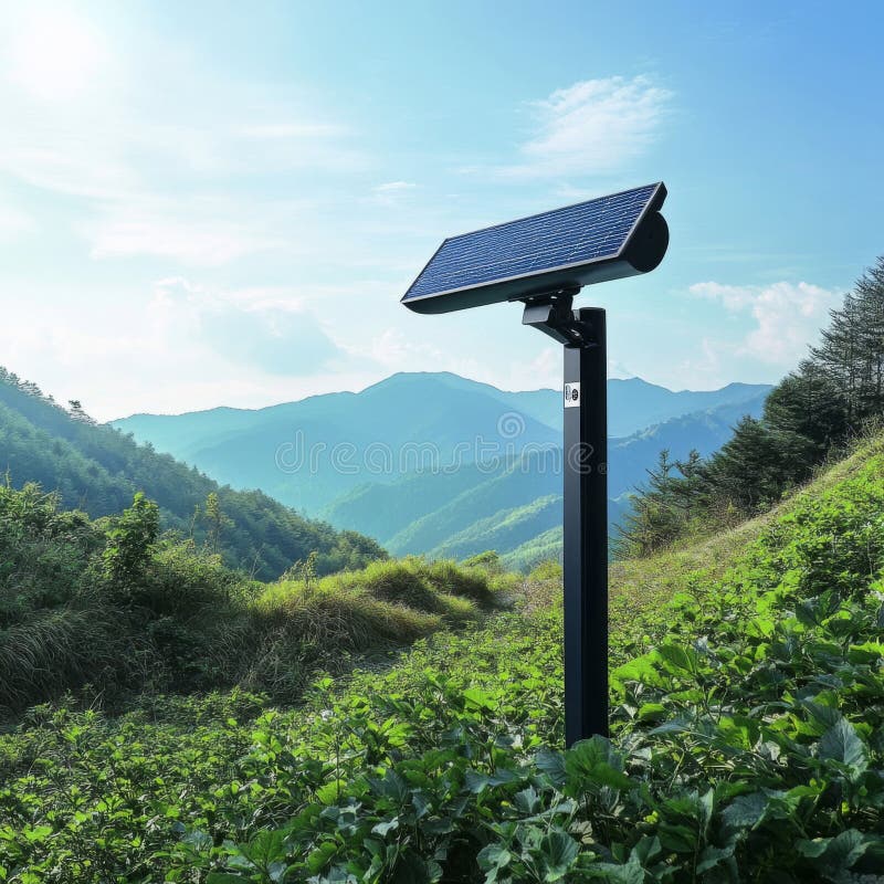 Solar Panel Mounted on a Pole with a Mountain View Background Stock ...